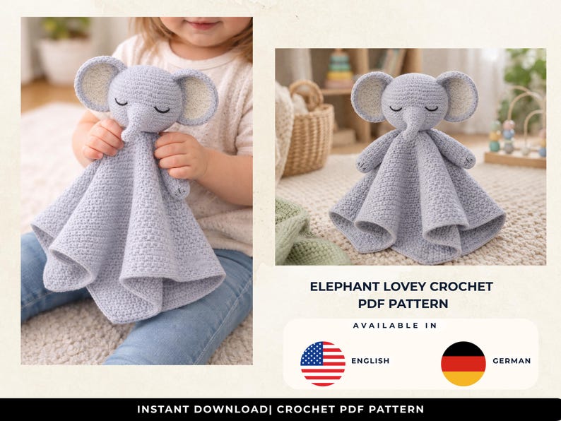 Crochet Elephant Lovey Blanket Pattern PDF, Beginner Elephant Amigurumi ...