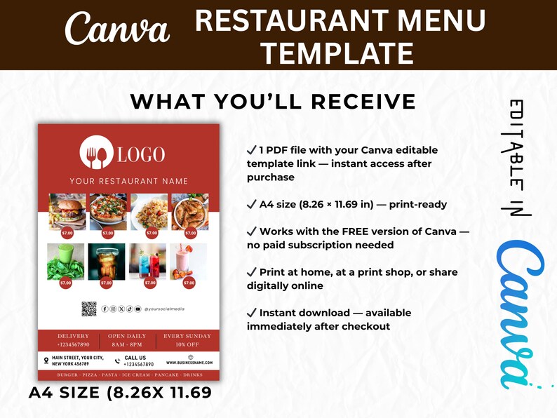 Editable Restaurant Menu Canva Template | A4 Food Flyer (digital ...