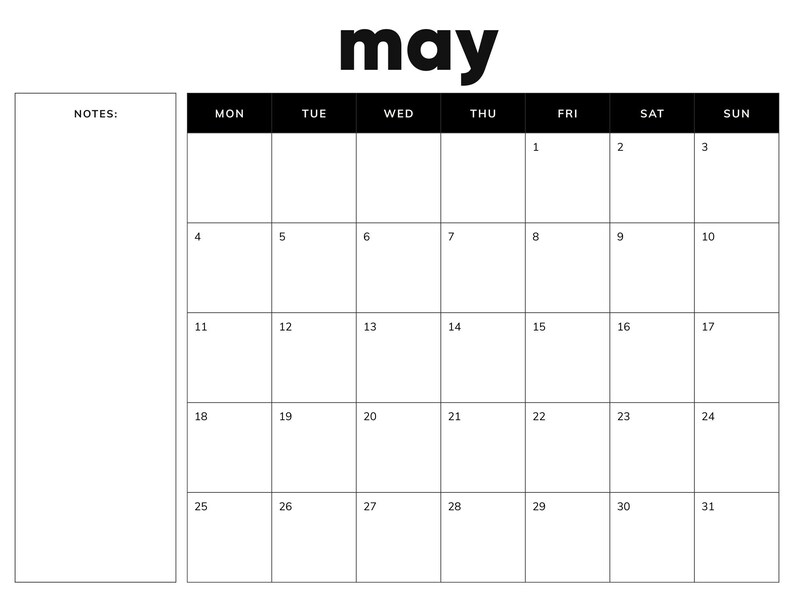 2026 Minimalist Monthly Calendar | Landscape Planner With Notes ...