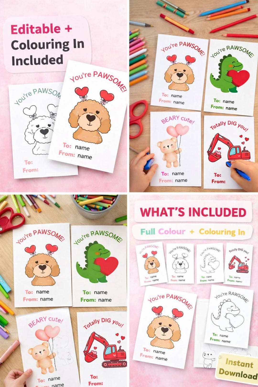 Animal Valentine Cards for Kids | Colouring Pages (editable Canva ...