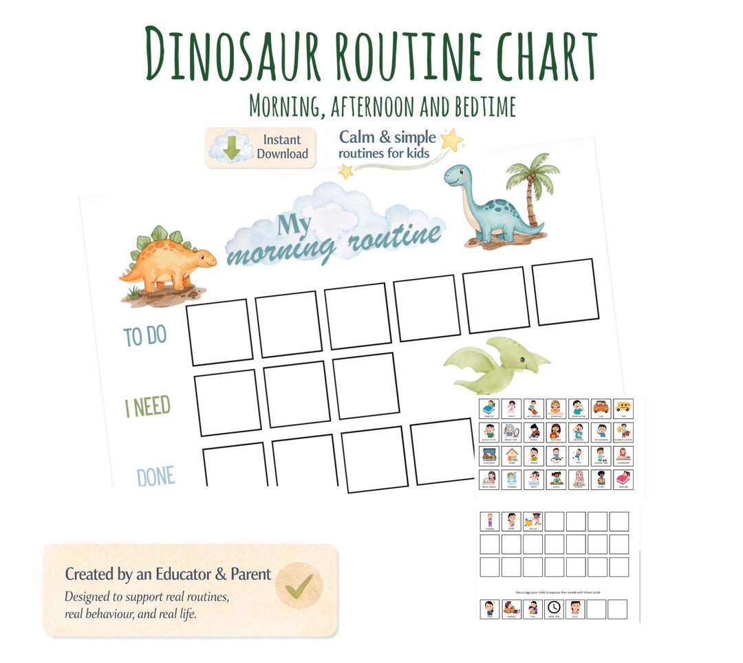 Dinosaur Routine Chart for Kids | Visual Schedule, Autism ADHD Support ...