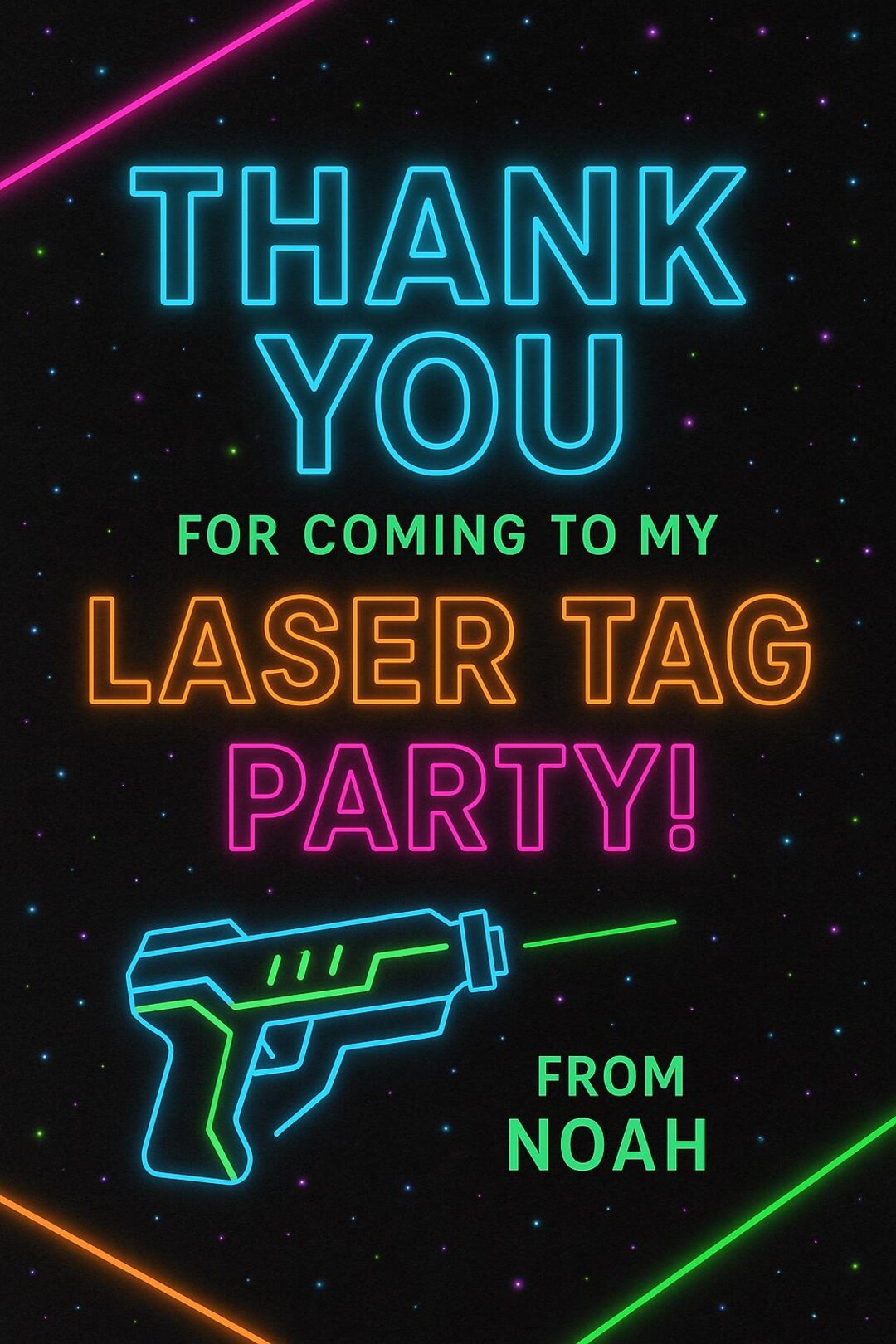 Editable Laser Tag Thank You Card – Neon Glow Party Boys Digital ...