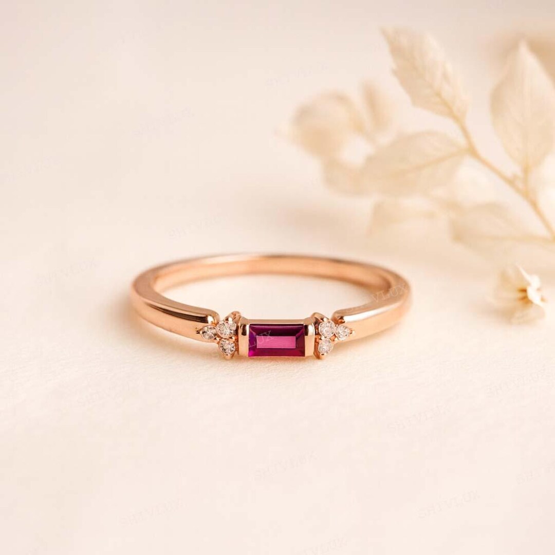 Ruby Baguette Ring With Diamond Accents, Minimalist Birthstone Band ...
