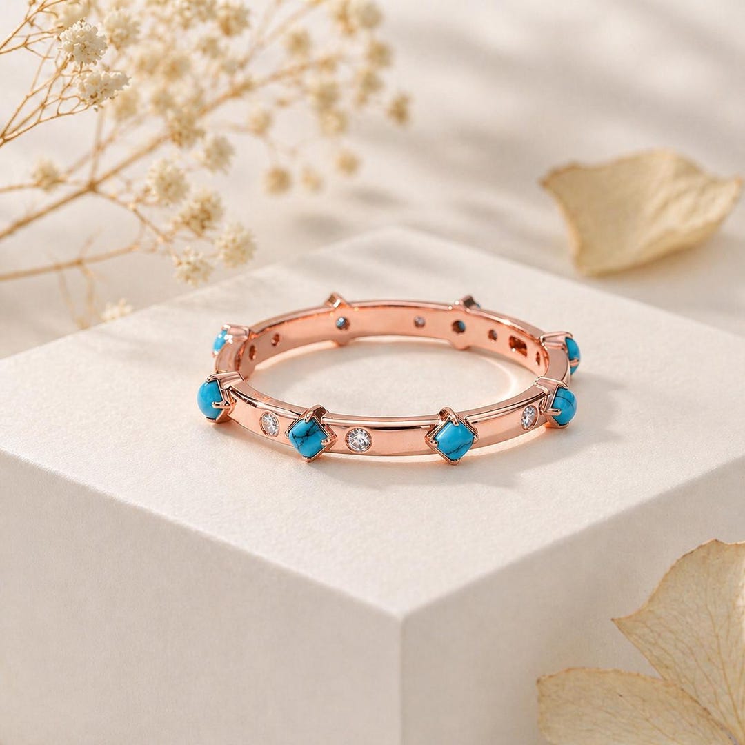 Turquoise & Moissanite Distance Ring, 14k Gold Stackable Ring ...