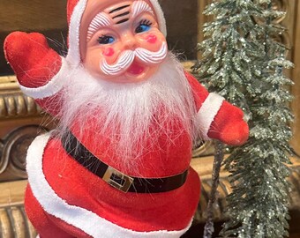 Vintage Flocked Santa Dancing Santa in His Red Flocked Suit Kitschy Mid ...