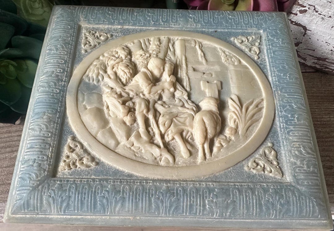Vintage Light Blue Incolay Stone Jewelry Box: Romantic Scene Keepsake ...