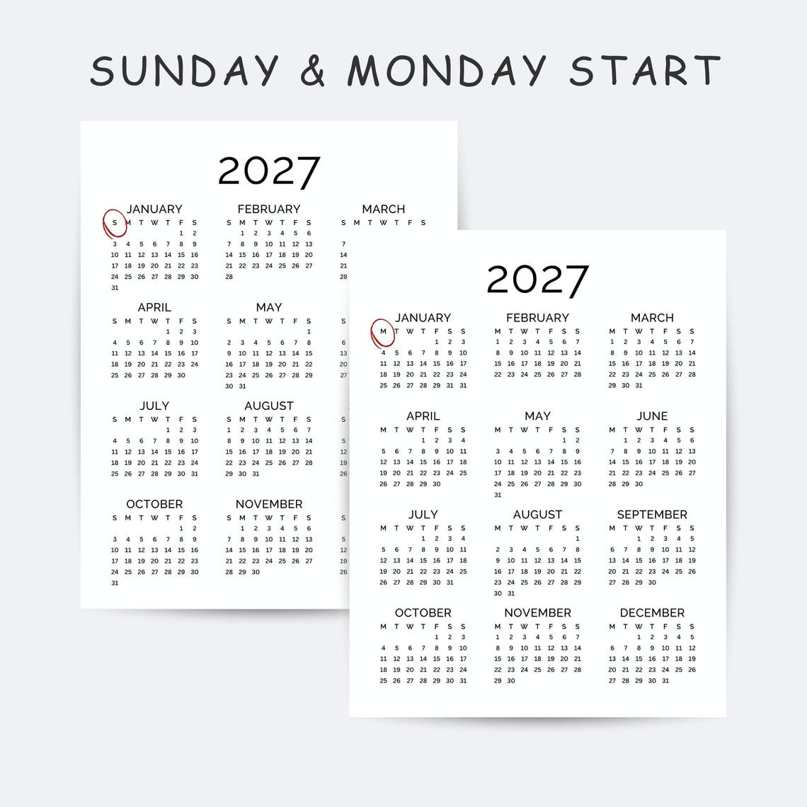 2027 Yearly Calendar Printable One Page | Full Year at a Glance ...