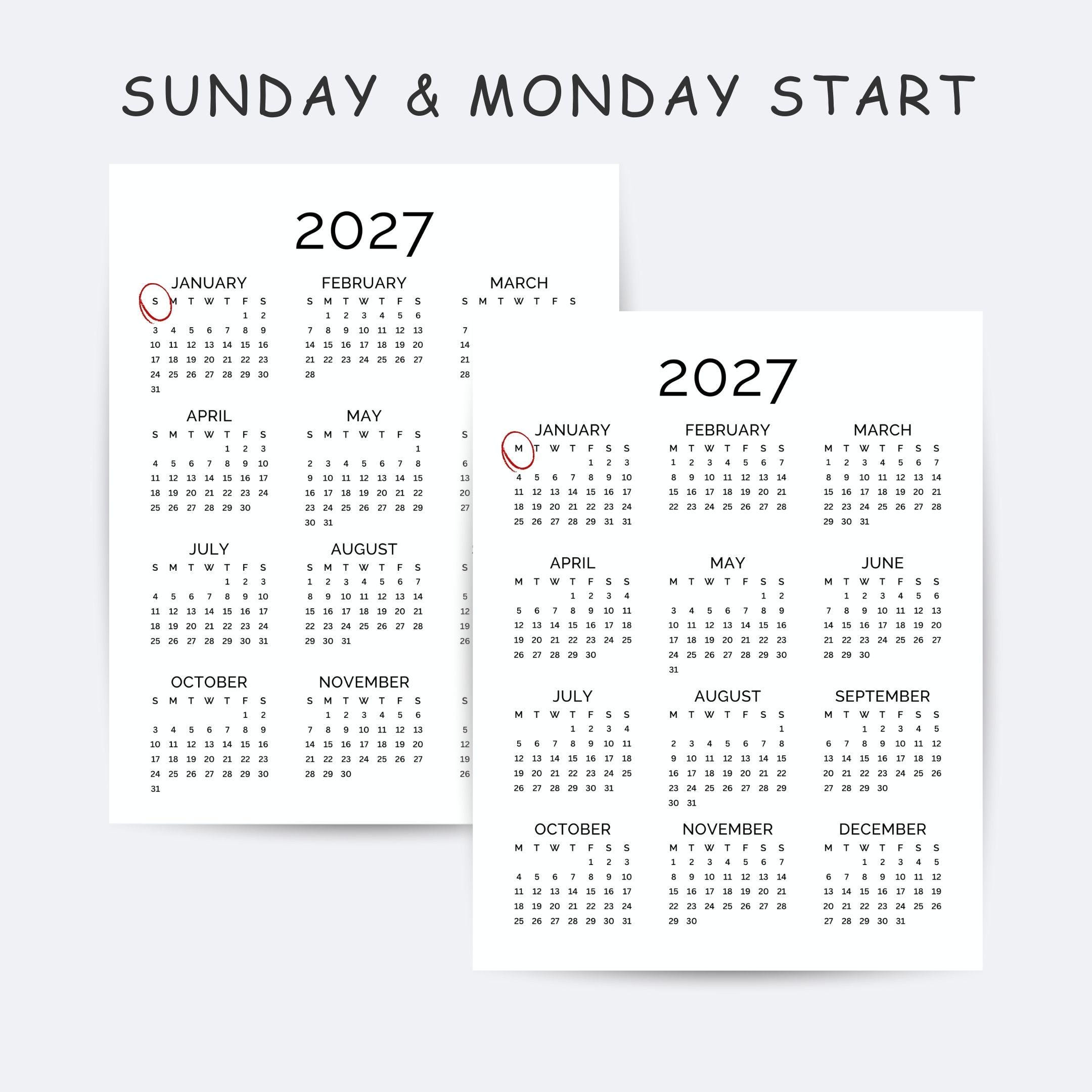 2027 Yearly Calendar Printable One Page | Full Year at a Glance ...