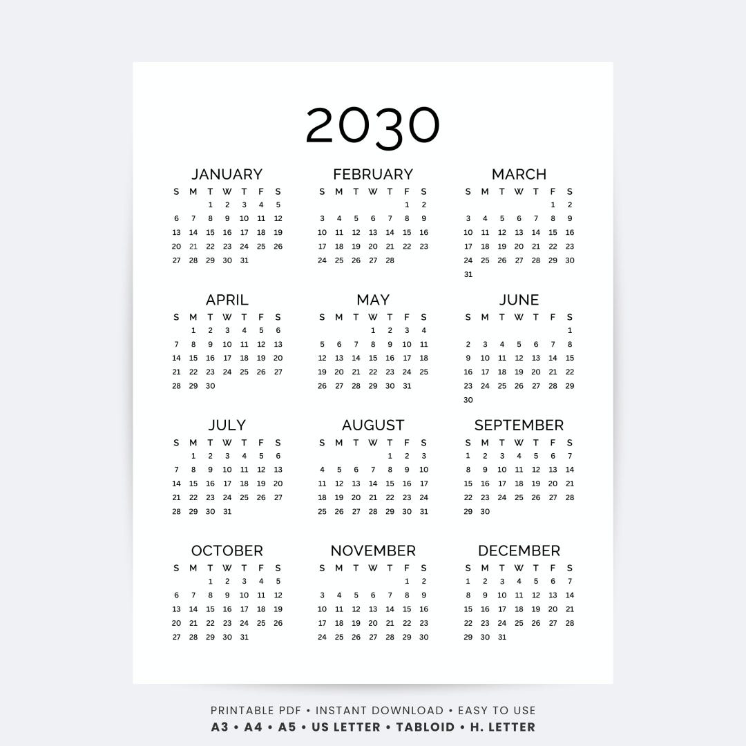 2030 Yearly Calendar Printable One Page | Full Year at a Glance ...