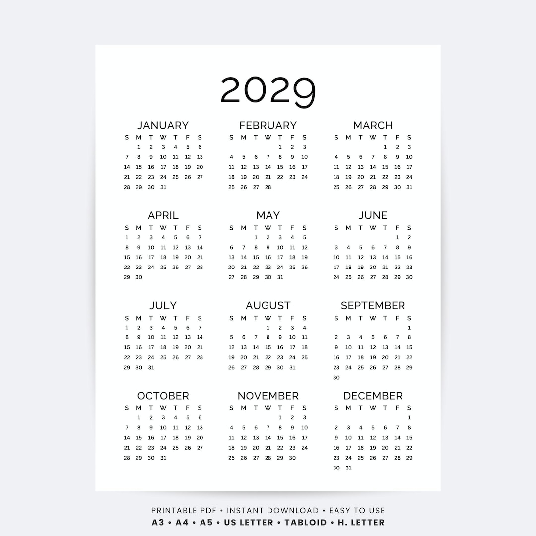 2029 Yearly Calendar Printable One Page | Full Year at a Glance ...