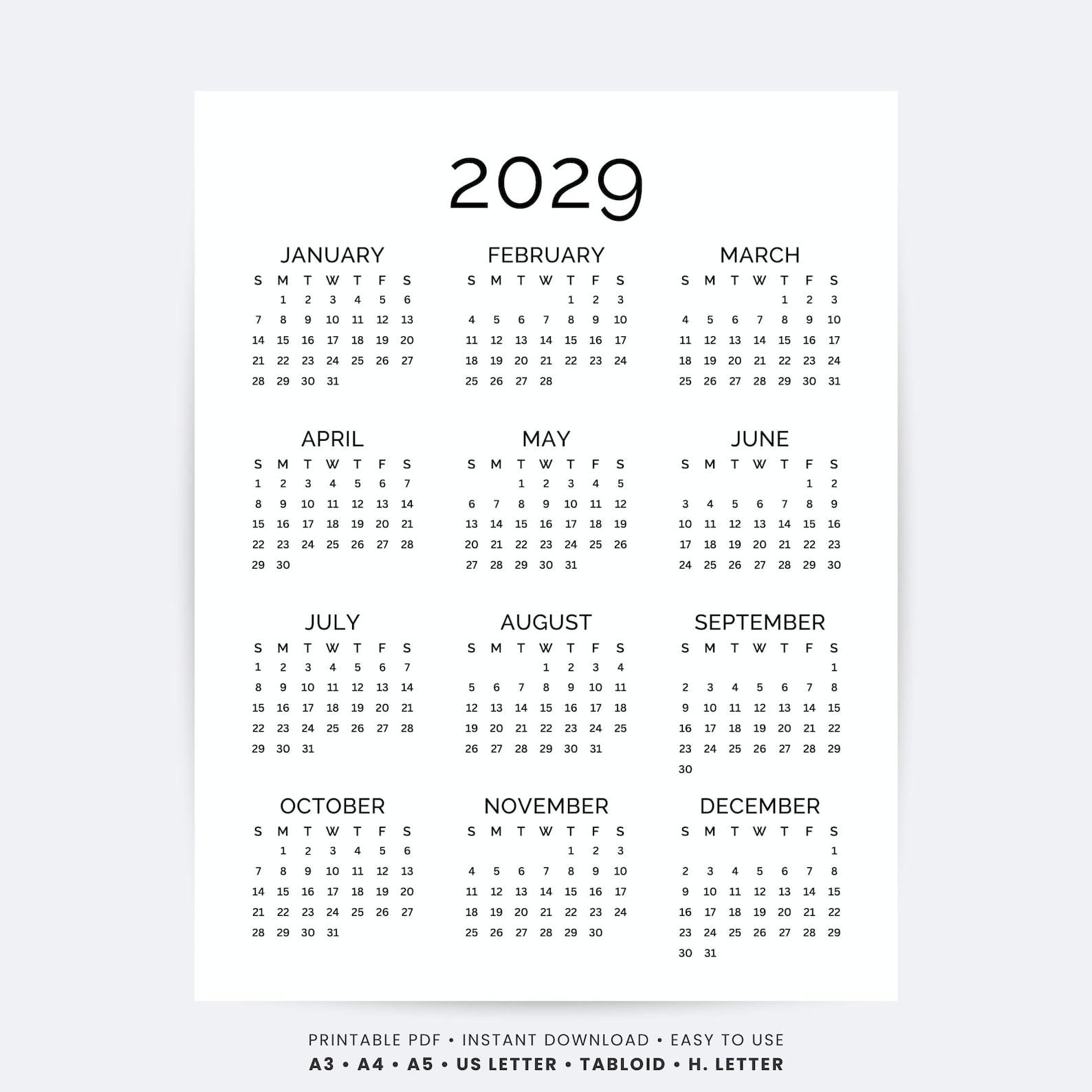 2029 Yearly Calendar Printable One Page | Full Year at a Glance ...