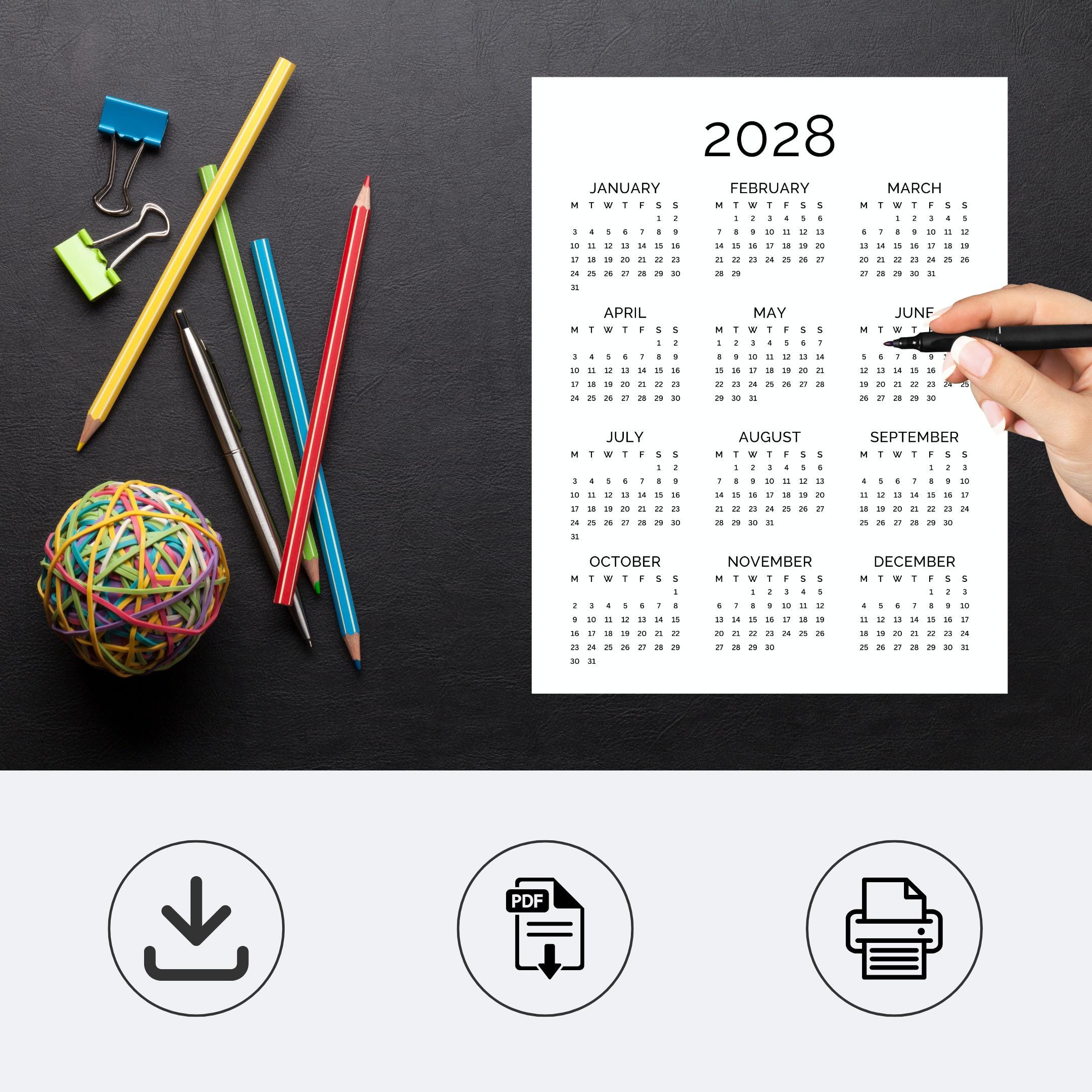 2028 Yearly Calendar Printable One Page | Full Year at a Glance ...