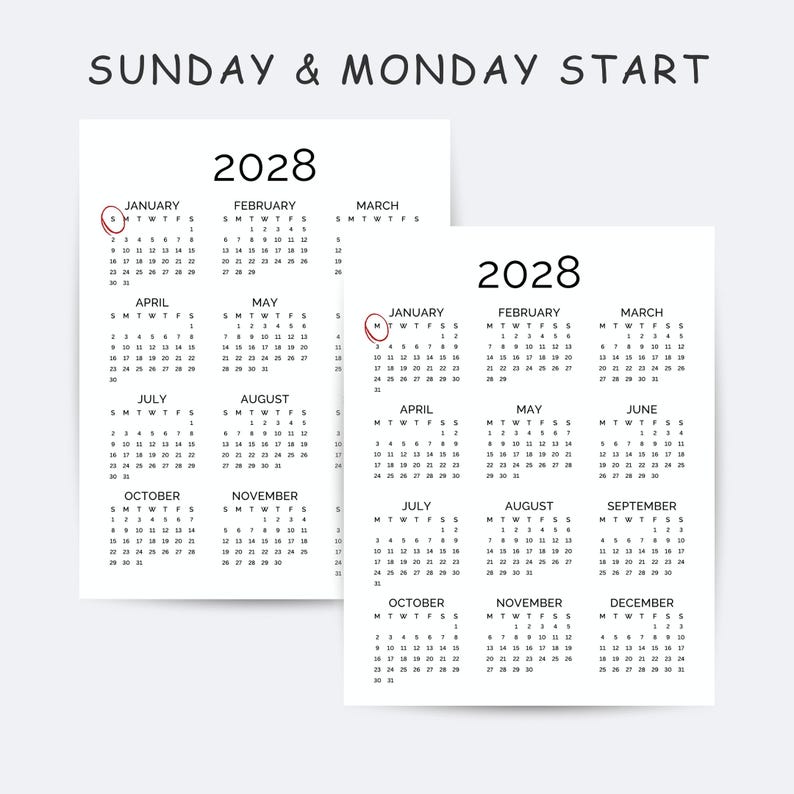 2028 Yearly Calendar Printable One Page | Full Year at a Glance ...