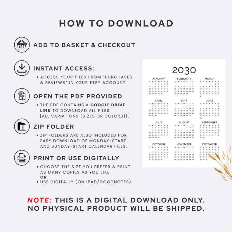2030 Yearly Calendar Printable One Page | Full Year at a Glance ...