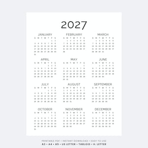 2027 Yearly Calendar Printable One Page | Full Year at a Glance ...