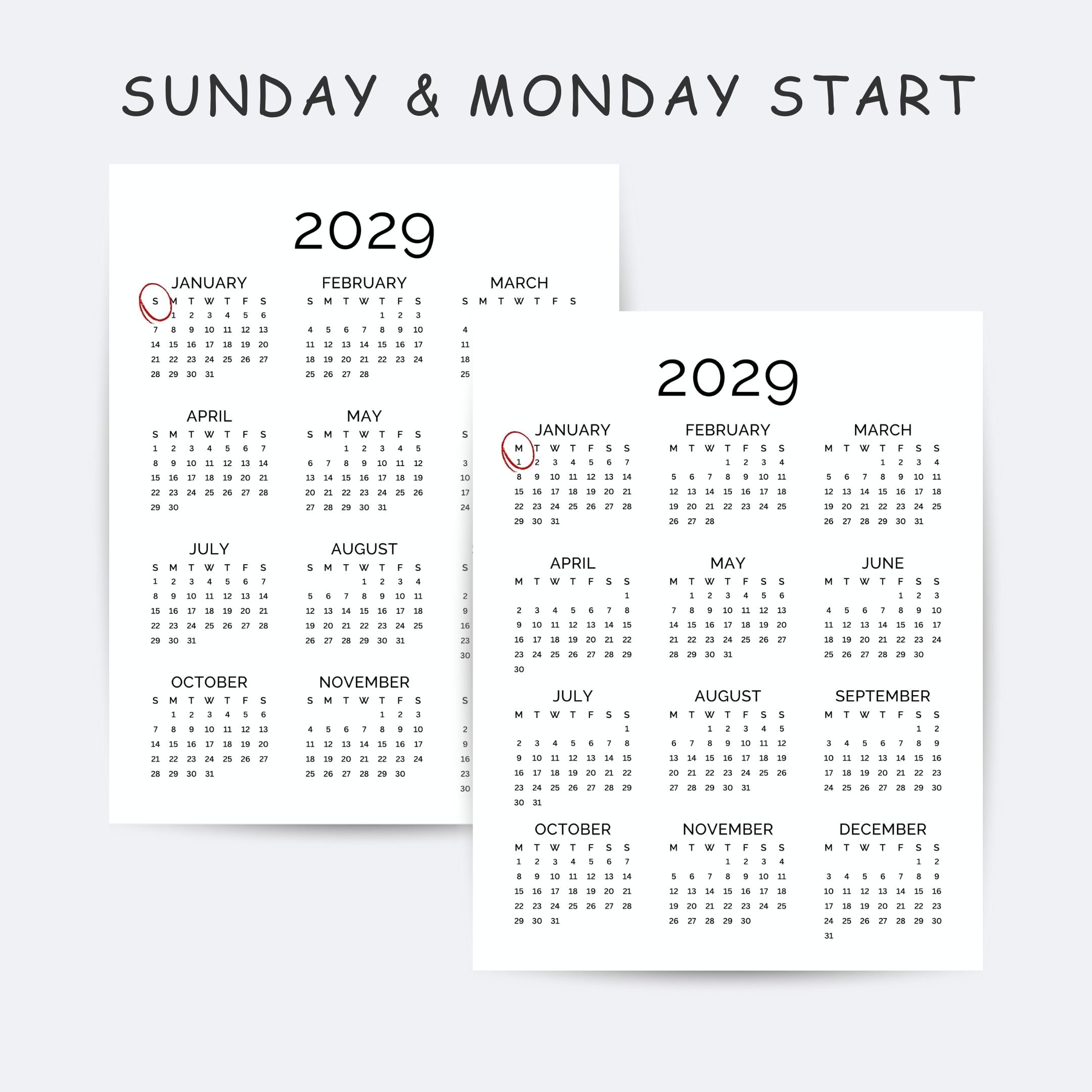 2029 Yearly Calendar Printable One Page | Full Year at a Glance ...
