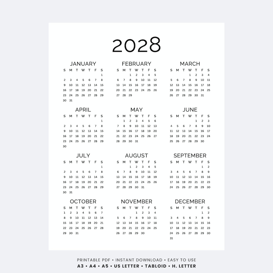 2028 Yearly Calendar Printable One Page | Full Year at a Glance ...