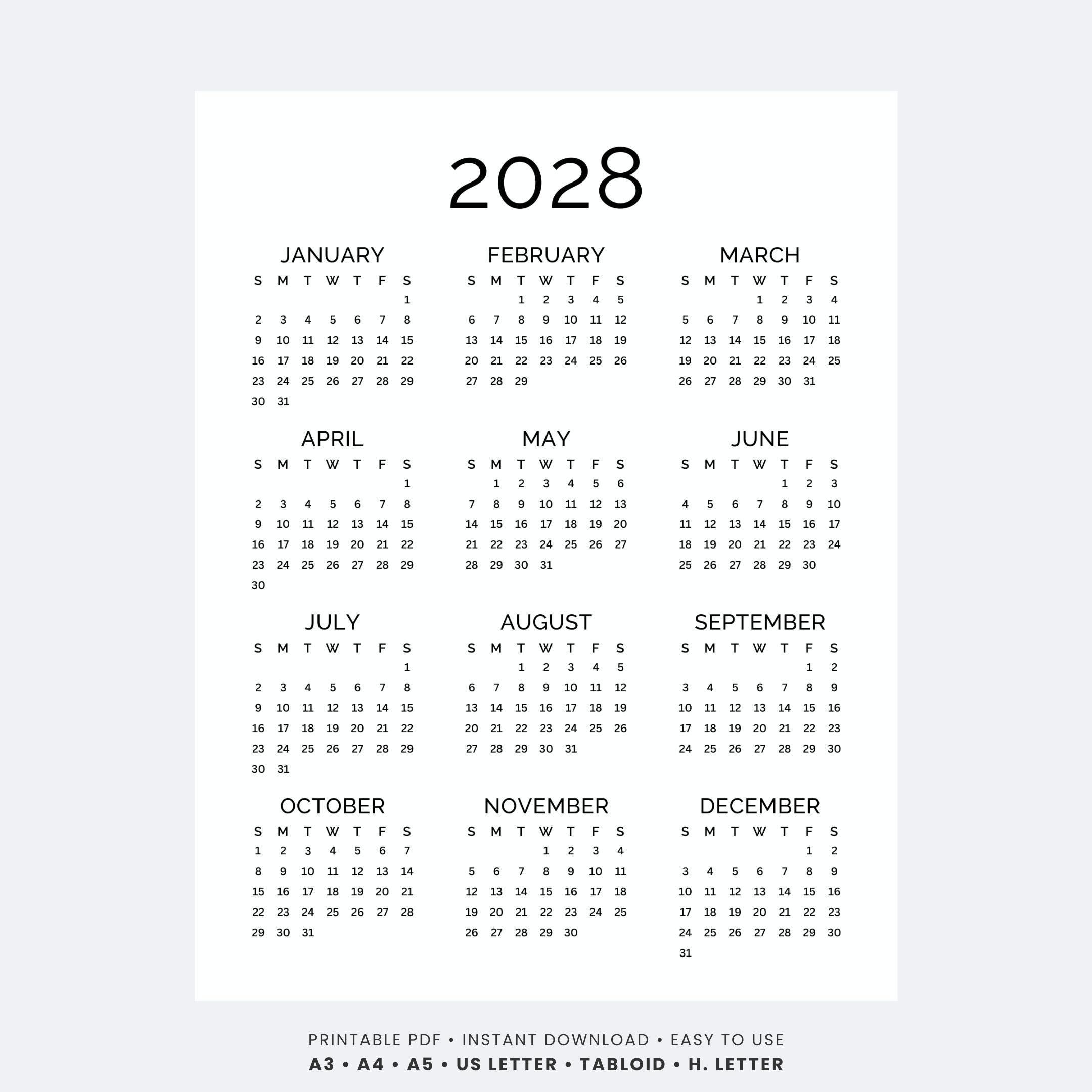 2028 Yearly Calendar Printable One Page | Full Year at a Glance ...