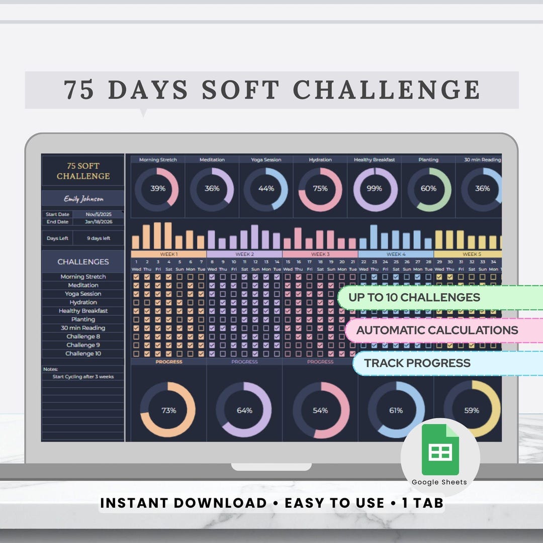 75 Soft Challenge Spreadsheet Planner Google Sheets Template Health ...