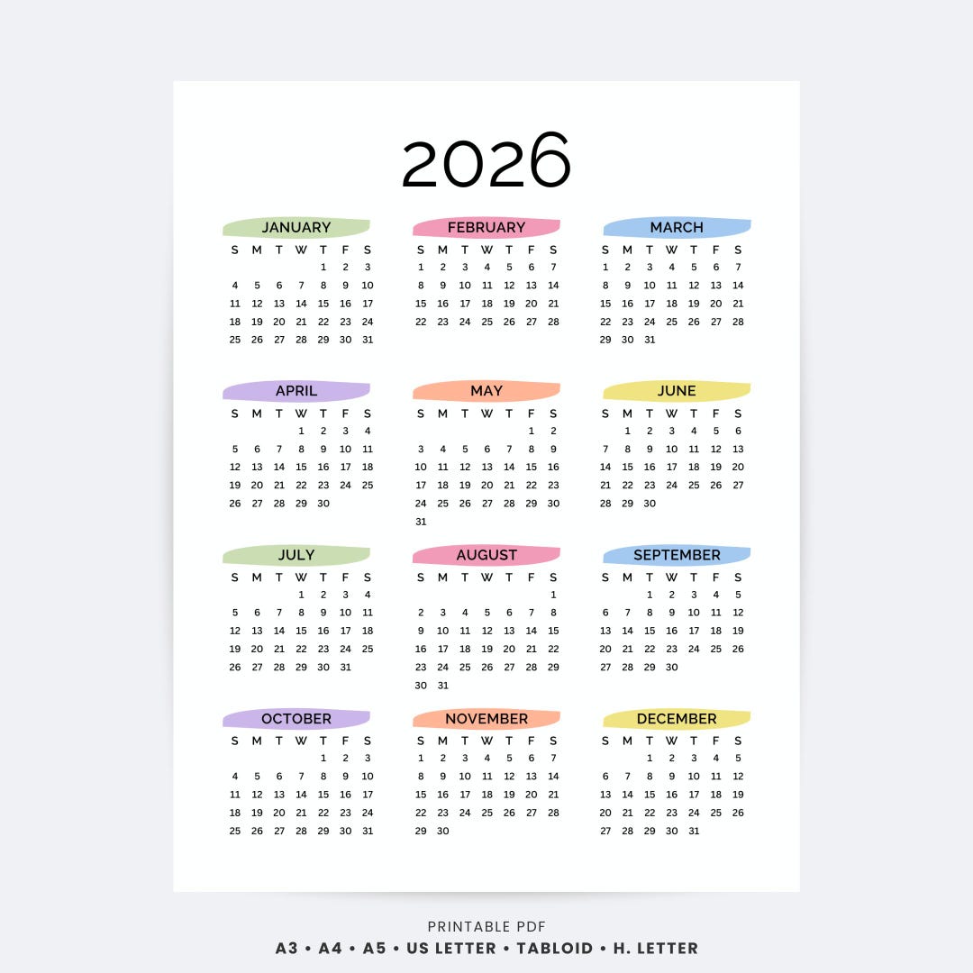 2026 Yearly Calendar Printable One Page | Full Year at a Glance ...