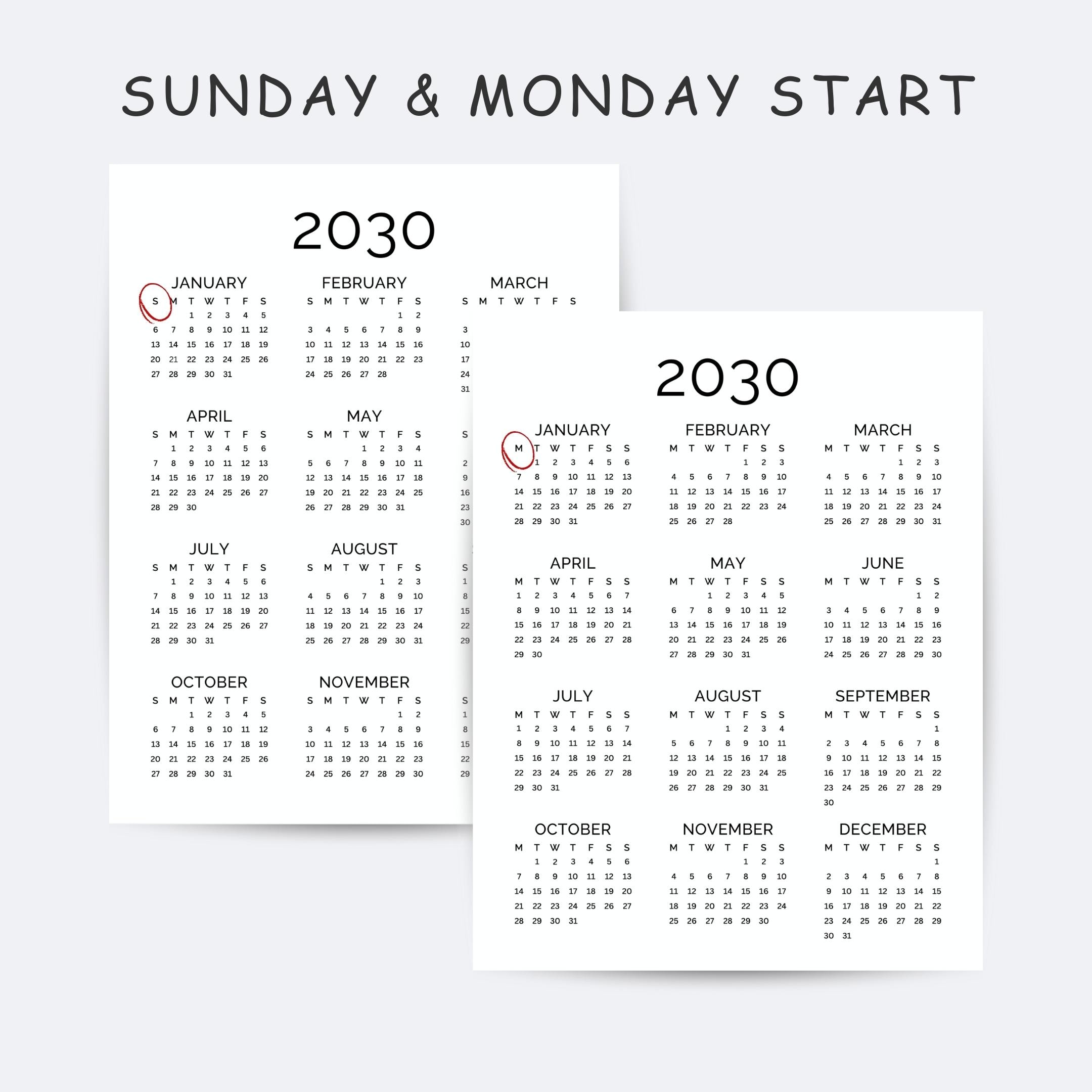 2030 Yearly Calendar Printable One Page | Full Year at a Glance ...