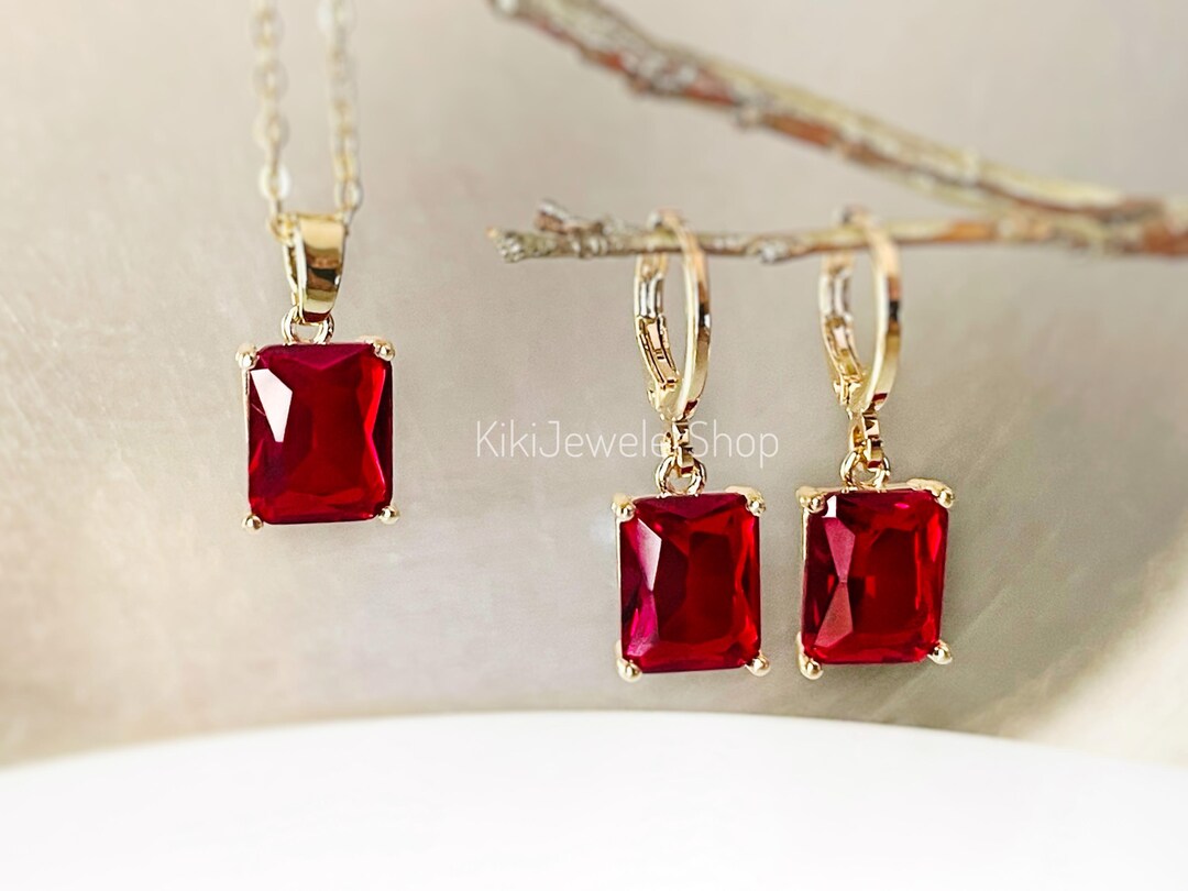 Small Ruby 2pc Jewelry Set Gold, Red Gem Emerald Cut, July Birthstone ...