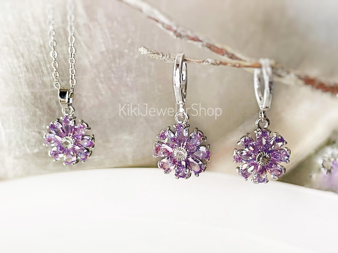 Amethyst Daisy Flower 2pc Jewelry Set, Purple Gemstone Earrings ...