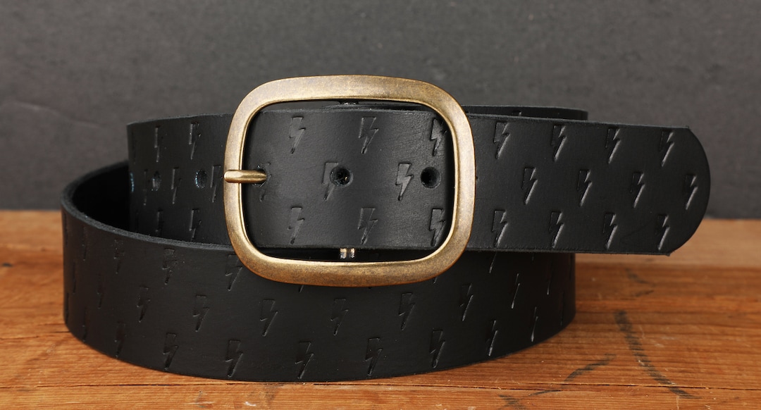 Lightning Bolt Black Leather Belt, Full Grain, Handmade in USA, Gift ...