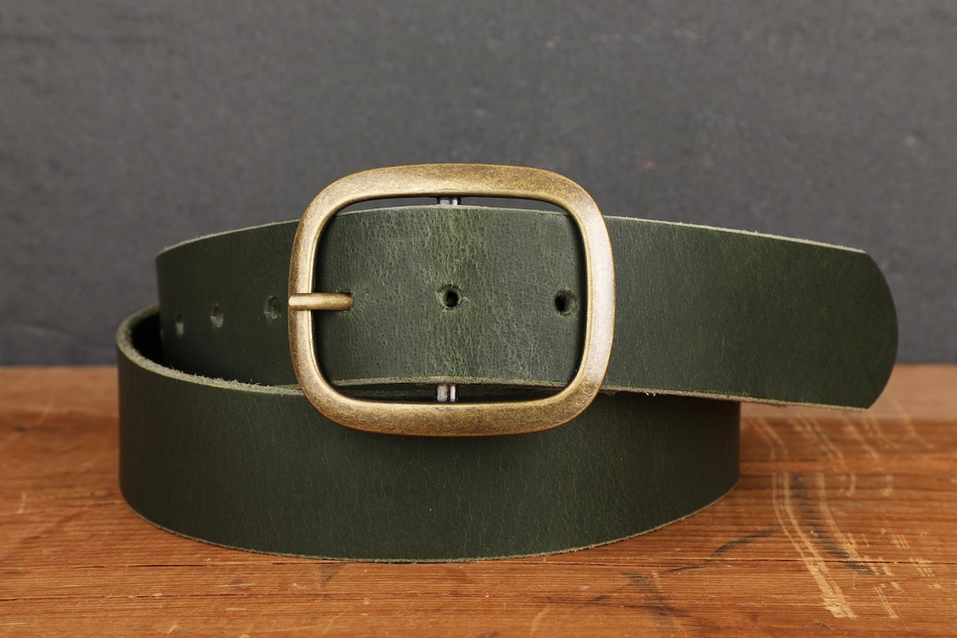 Wide Dark Green Leather Belt With Brass Buckle - Minimalist Design ...