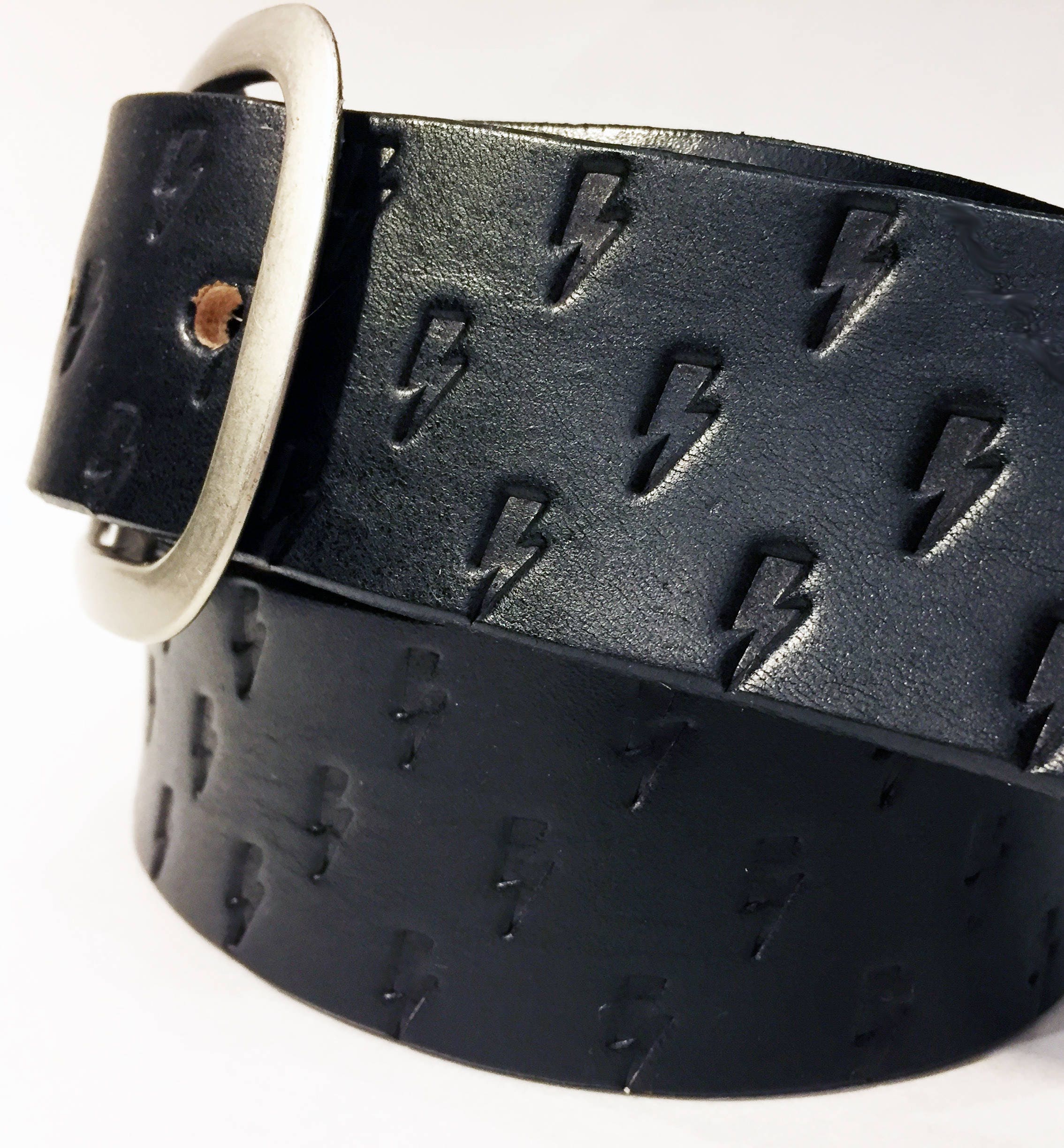 Lightning Bolt Black Leather Belt Full Grain Handmade in - Etsy