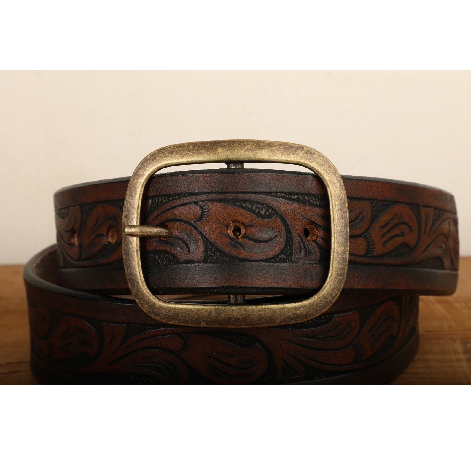 Western Embossed Leather Belt, Vintage Aged Black Brown Distressed ...