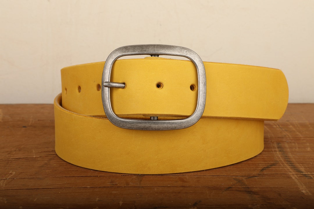 Yellow Leather Belt Snap Closure Handmade in USA Unisex Wide Antique ...