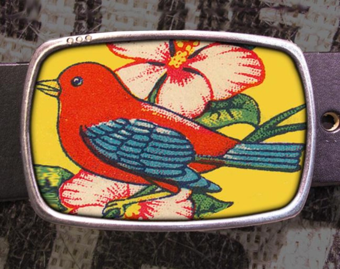 Vintage-style Red Bird Print Belt Buckle - Yellow Floral Background ...