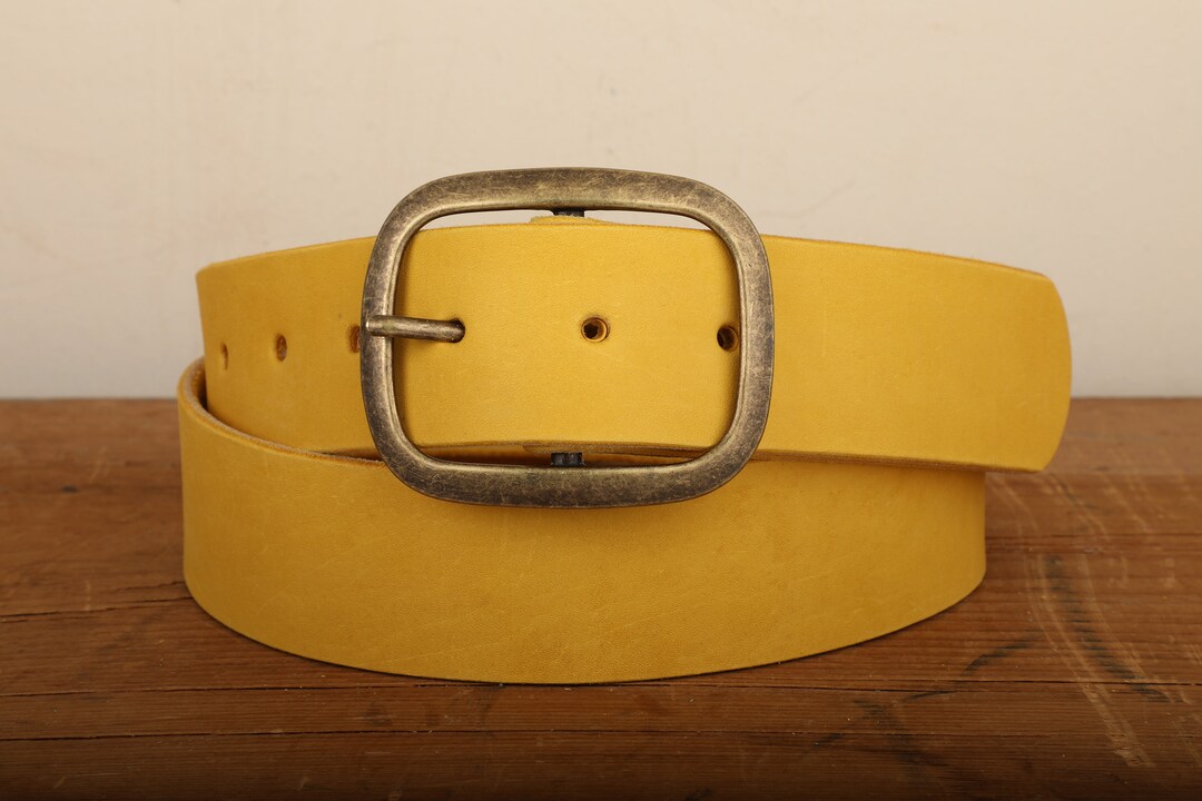 Yellow Leather Belt Snap Closure Handmade in USA Unisex Wide Antique ...