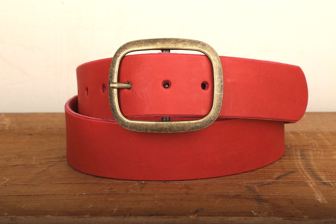 Red Leather Belt - Snap Closure - Handmade in USA - Wide Antique Brass ...