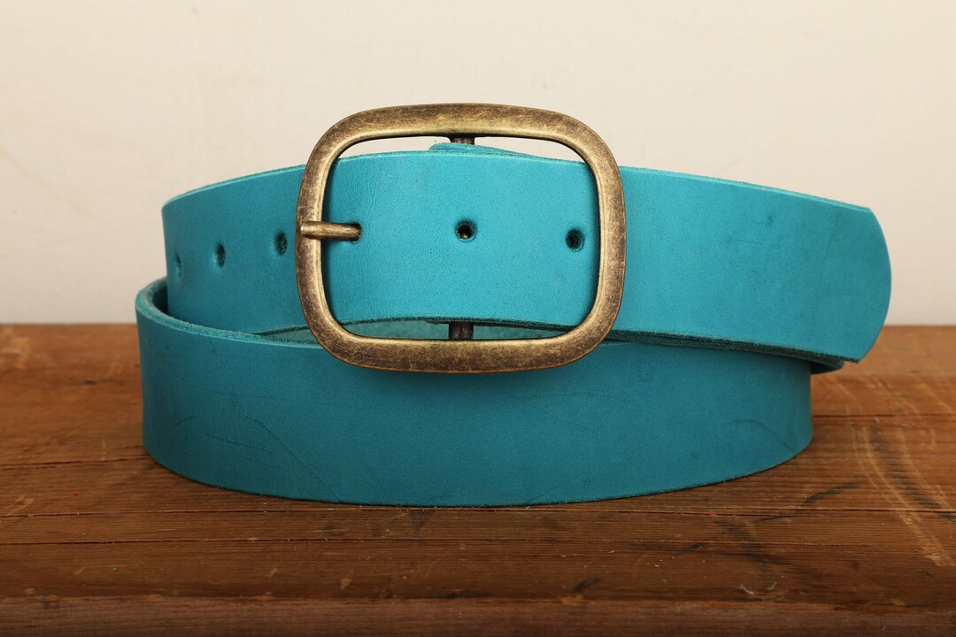 Turquoise Leather Belt Snap Closure - Handmade in USA - Unisex Wide ...