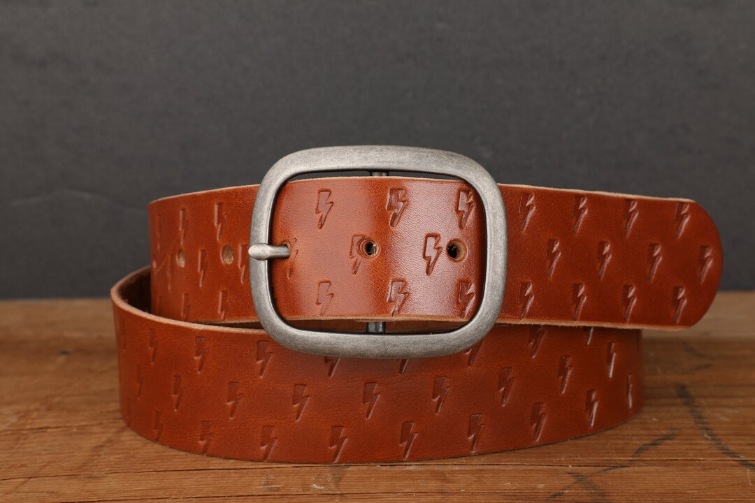Lightning Bolt Brown Leather Belt, Full Grain, Handmade in USA, Gift ...