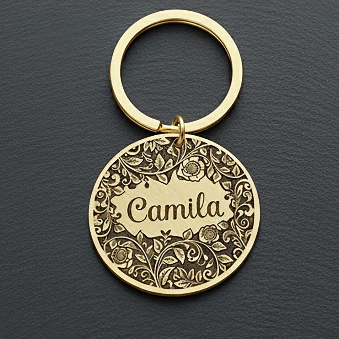 Engraved Brass Keychain: Personalized Floral Name Keyring - Etsy