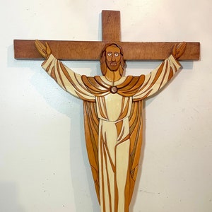 HUGE Carved Jesus Christ Intarsia Wood Art Wall Marquetry Sculpture ...