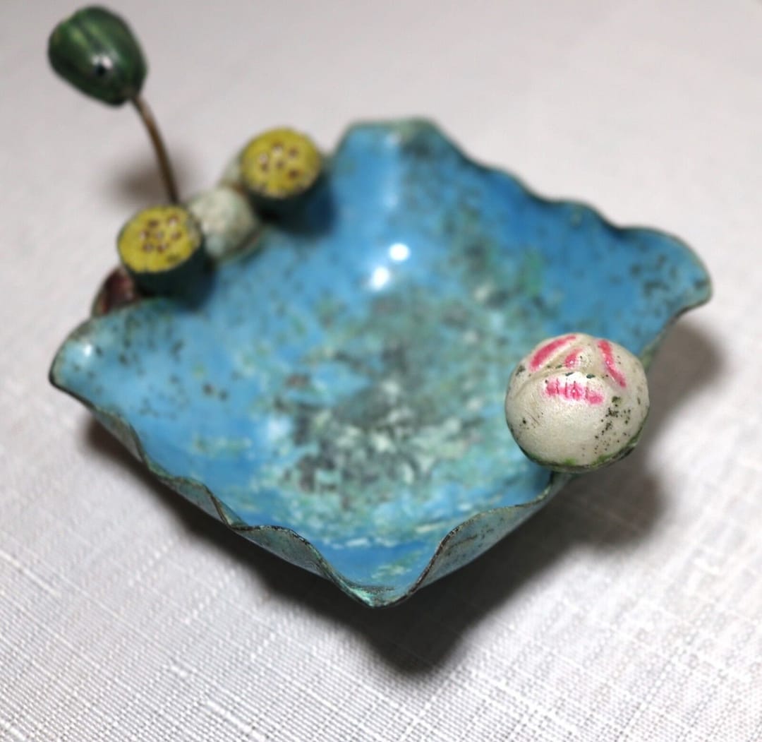 Antique Chinese Copper Lotus Leaf Blue Enamel Brush Bowl Holder Figural ...