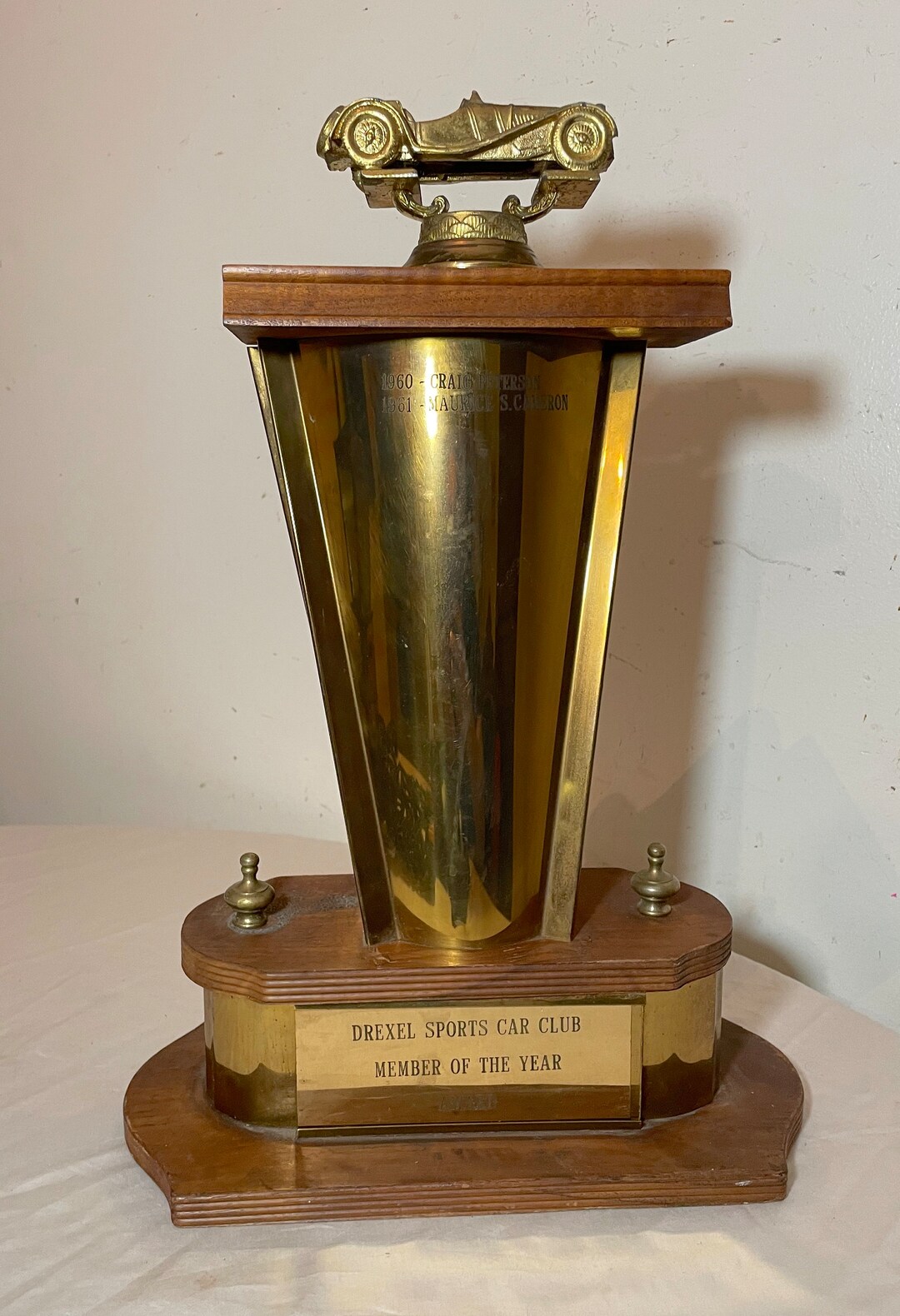 Tall Vintage 1960's Art Deco Sports Car Show Brass Wood Winning Award ...