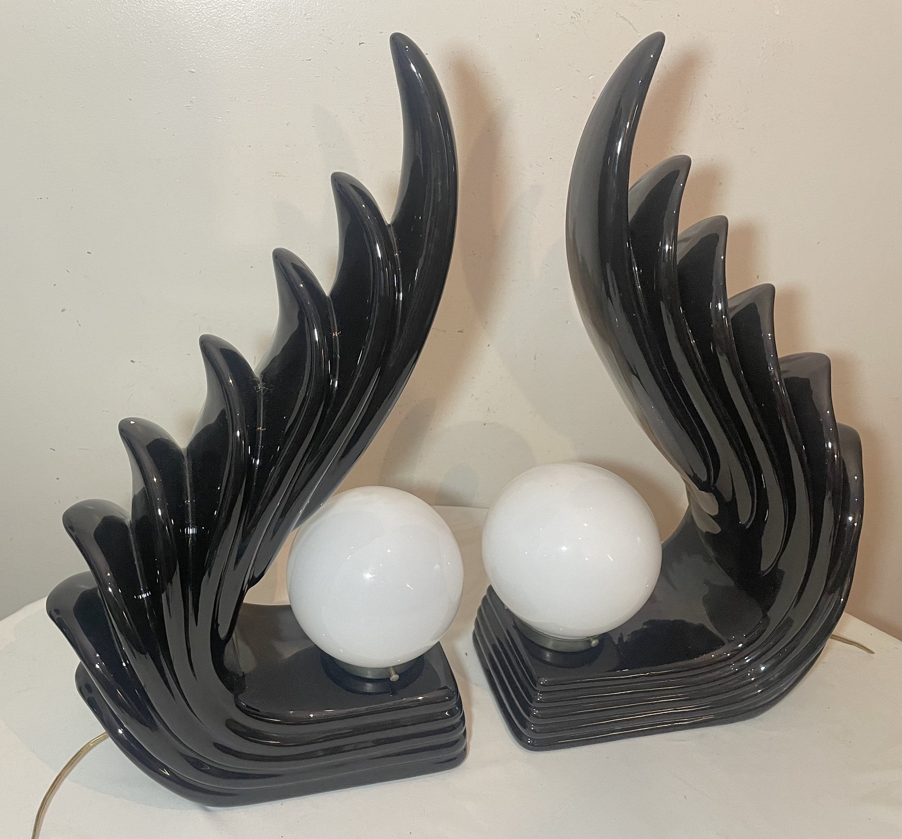 LARGE Pair of Vintage Mid Century Modern Wave Flame Black Ceramic Table ...