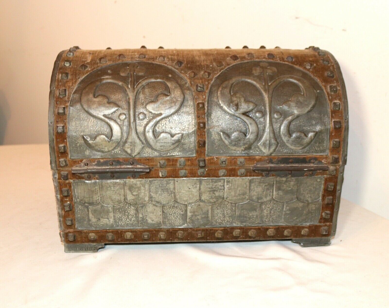 Rare Antique 1916 Handmade Tooled Tole Wood Velour Dome Top Box Trunk ...