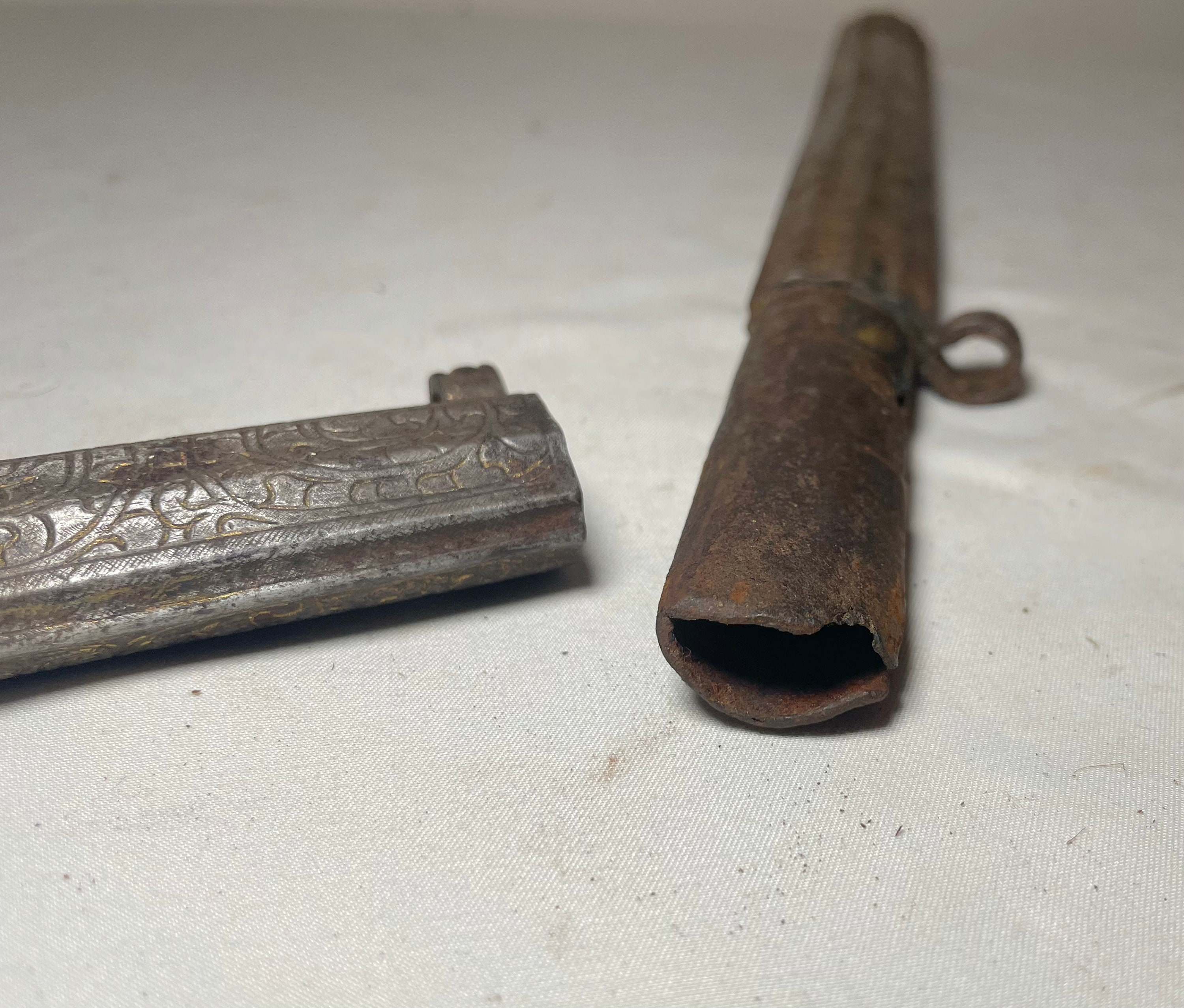 Antique 1800 S Handmade Chinese Bamboo Pen Quill Cast Iron Ornate ...