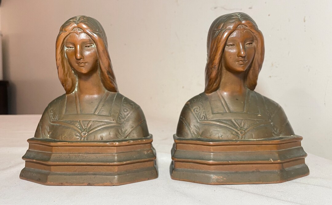 Pair of 2 Antique 1800's Bronze Clad Lady Bust Statue Beatrice Bookends ...