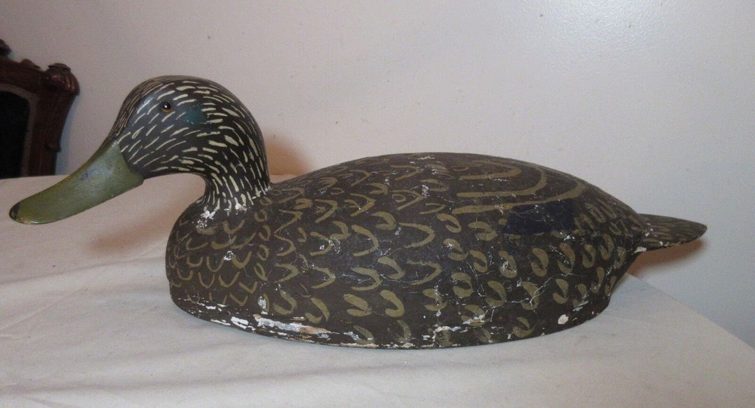 Large Antique Hand Carved Wood Folk Art Mallard Duck Decoy Shore Bird ...