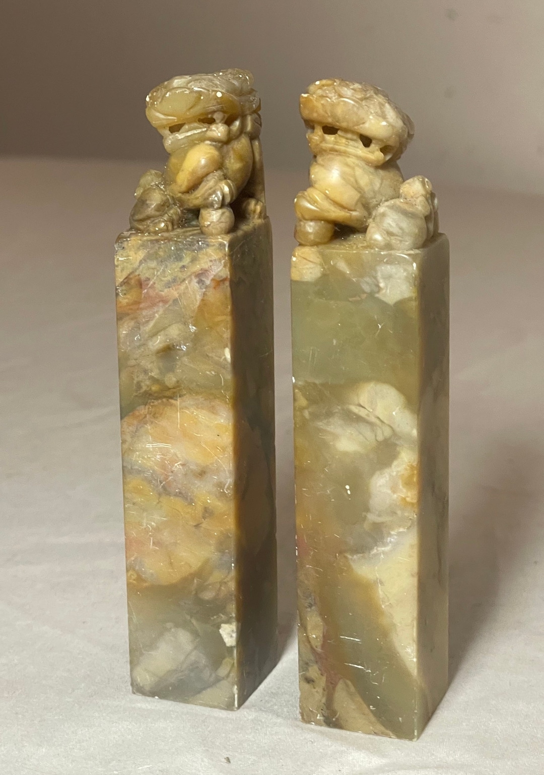 Pair Antique Hand Carved Chinese Hard Stone Chop Seal Block Foo Lion ...