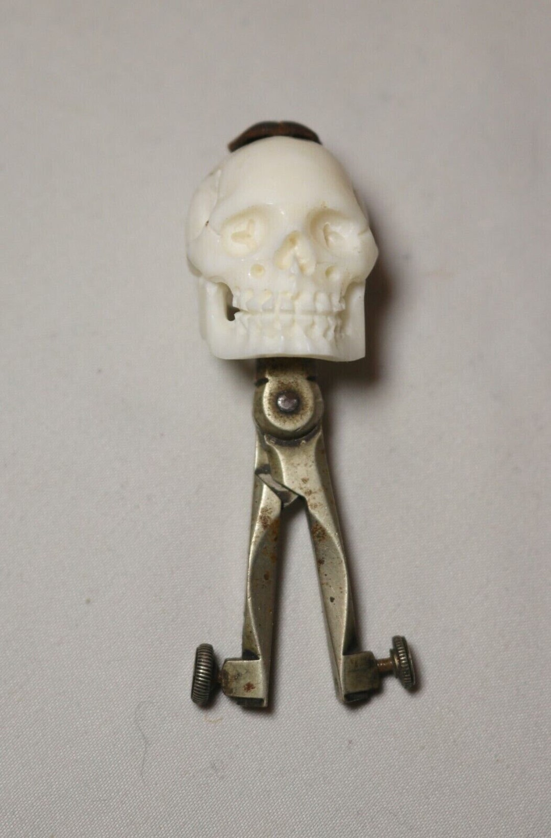 RARE Antique Hand Carved Natural Skeleton Head Metal Figural Drafting ...