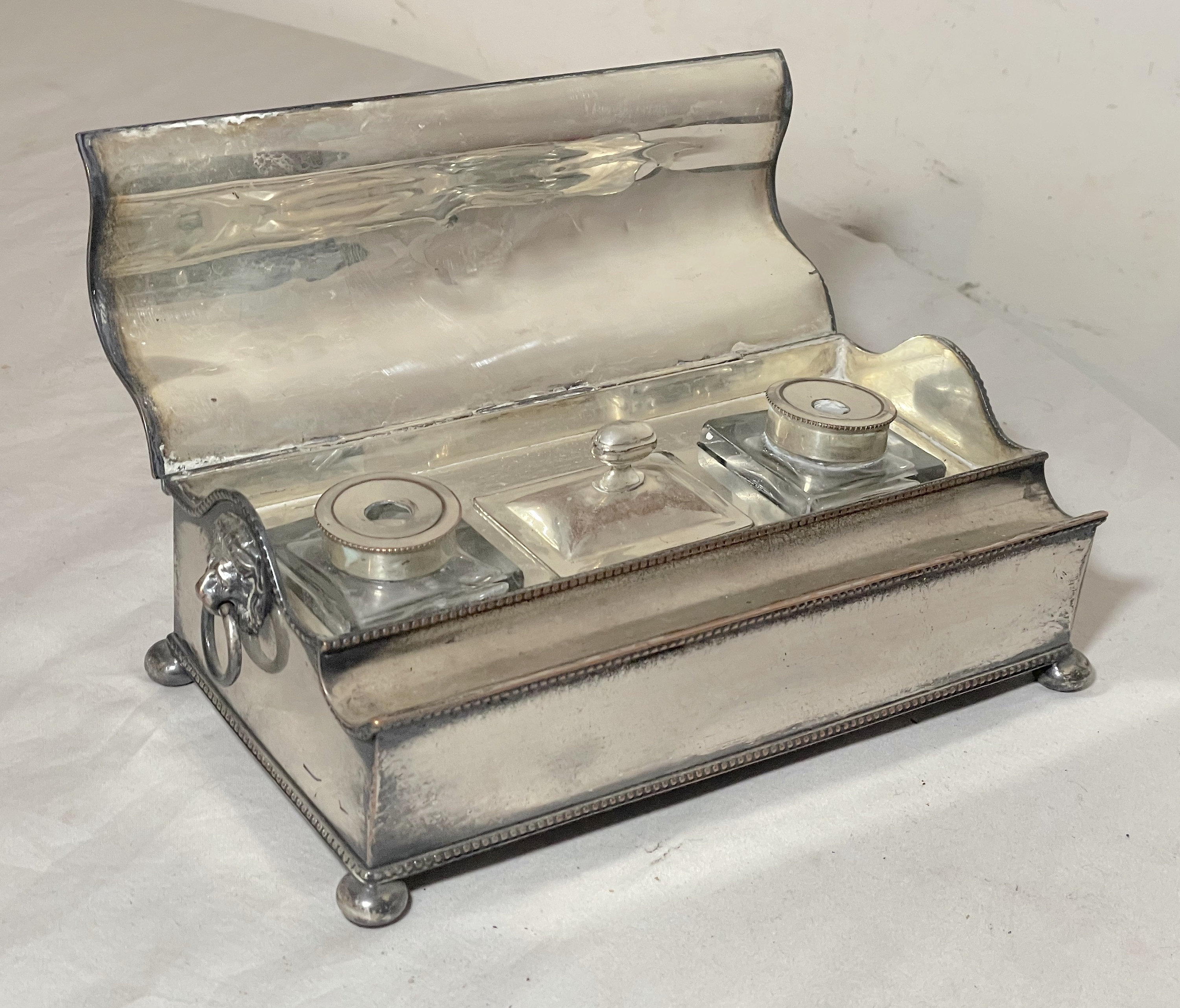 Antique 19th Century Silverplated Copper Glass Jar Desk Inkwell Stand ...