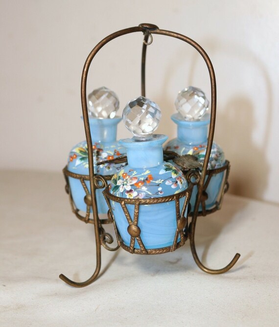 1800's Bronze Enameled Blue Opal Glass Perfume Bottle Set - Etsy